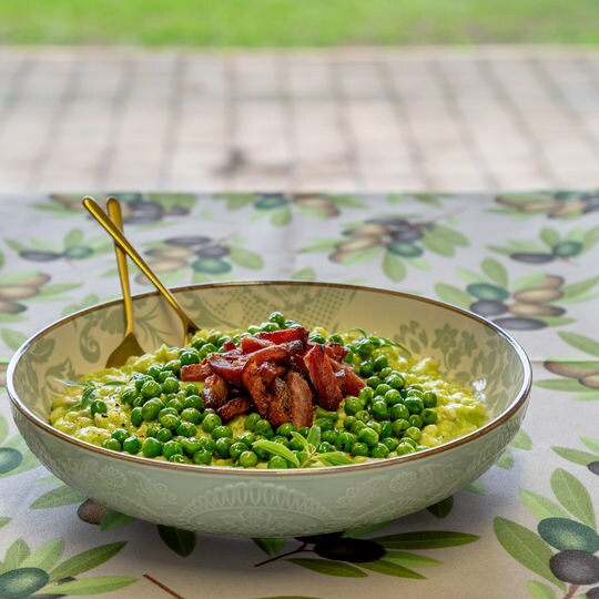 Green Oats with Crispy Gammon Garden Peas